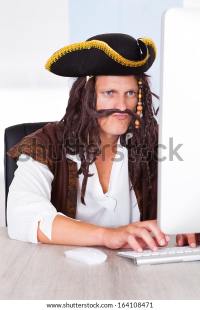 Portrait Young Pirate Using Computer Desk Stock Photo 164108471 ...