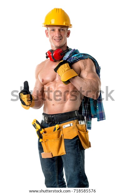 Power Shirtless Athletic Construction Worker Showing Stock Photo (Edit ...