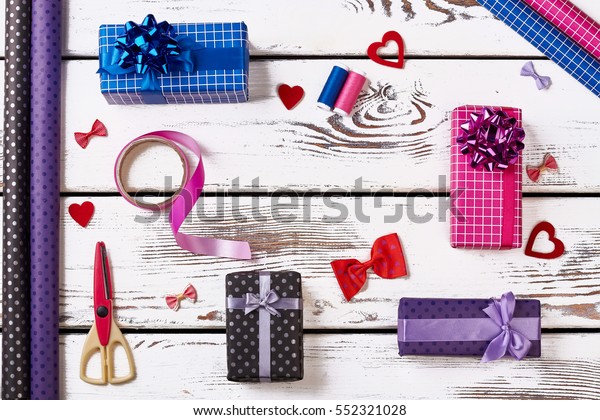 Present Boxes Wrapping Paper Threads Scissors Stock Photo (Edit Now ...