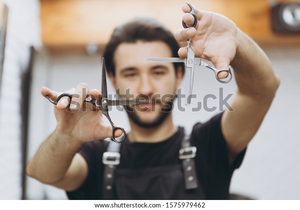 Professional Barber Tool Sharpened Scissors Held Stock Photo 1575979462 ...