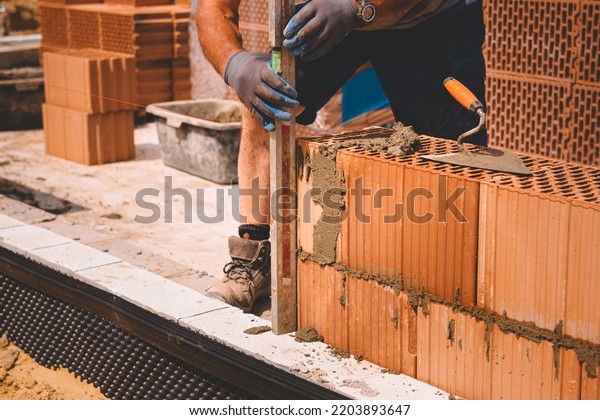 Professional Construction Worker Laying Bricks Mortar Stock Photo ...