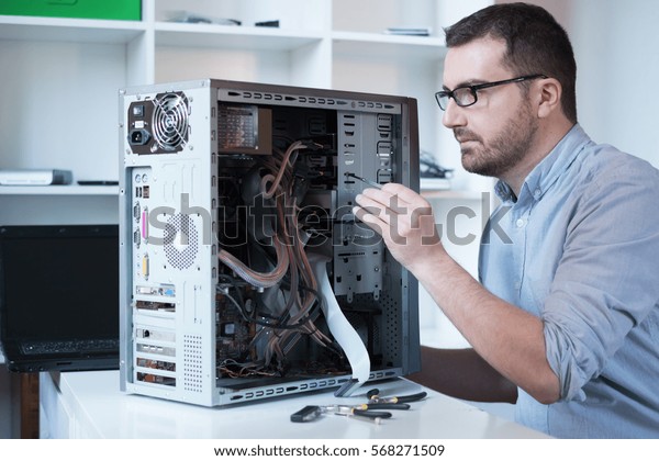 Professional Man Repairing Assembling Computer Desktop Stock Photo ...