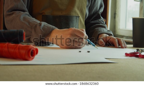 Professional Shoemaker Prepares Workbench Work Draws Stock Photo ...