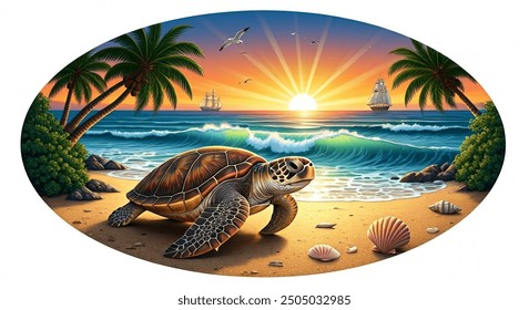 ภาพ Beach Scene Inside Oval Sea Turtle ที่สร้างโดย AI 2505030443 ...