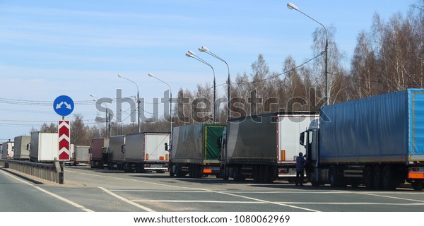 Queue Trucks Semitrailers Checkpoint Spring Against Stock Photo (Edit ...