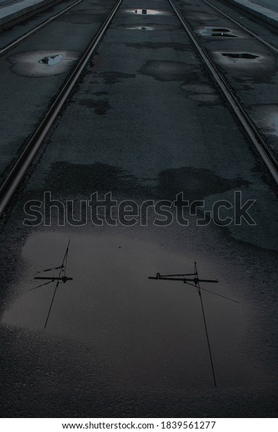 Rain Puddle Reflection On Train Tracks Stock Photo 1839561277 ...