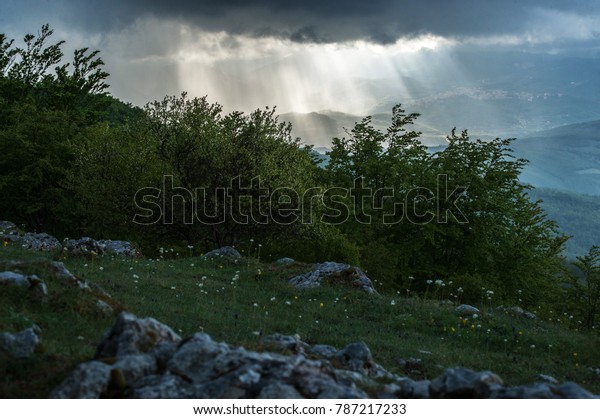 Rainstorm Rays Lights Dark Clouds Heavy Stock Photo 787217233 ...