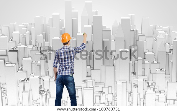 Rear View Engineer Drawing Project Business Stock Photo 180760751 ...