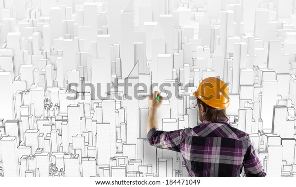 Rear View Engineer Drawing Project Business Stock Photo 184471049 ...