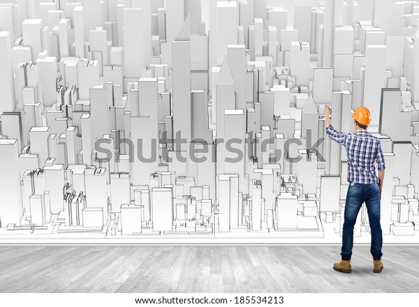 Rear View Engineer Drawing Project Business Stock Photo 185534213 ...