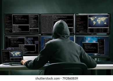 Rear View Hacker Using Multiple Computers Stock Photo 792860839 ...