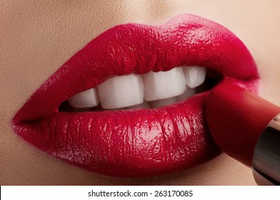 Стоковая фотография 327151202: Women Close Beauty Face Red Lips ...