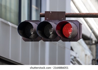 Red Traffic Light Installed Intersection Downtown Stock Photo ...