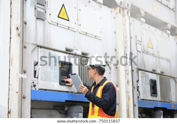 Reefer Container Technician Using Tablet Monitoring Stock Photo ...