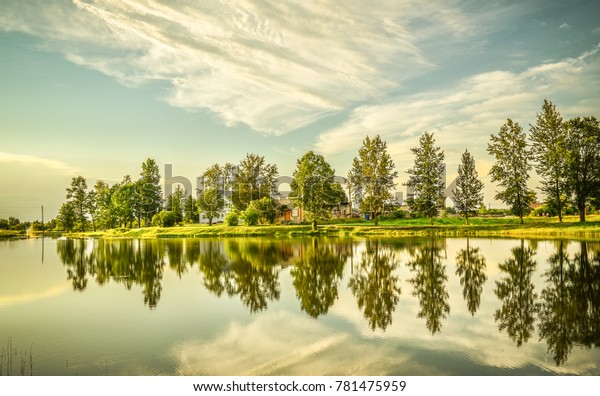 Reflection Clouds Trees Water Summer Landscape Stock Photo (Edit Now ...