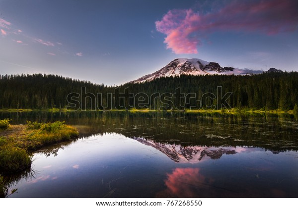 Reflection Sunset Over Mt Ranier Reflection Stock Photo 767268550 ...