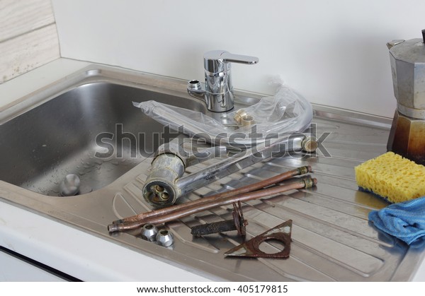 Replacing Old Dripping Tap Interior Angled Stock Photo 405179815 ...