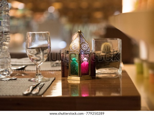 Restaurant Ramadan Table Setup Decorations Lantern Stock Photo ...