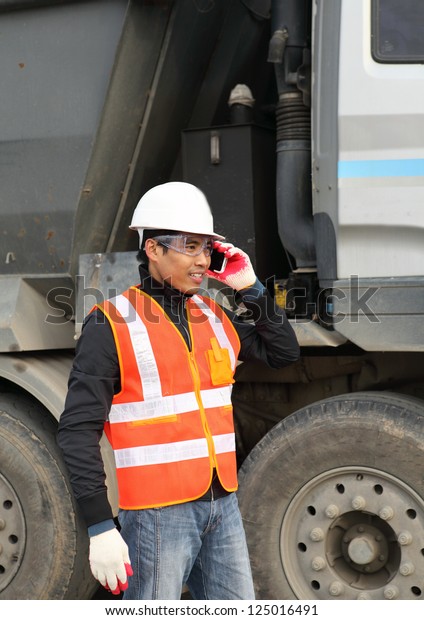 Road Construction Worker Using Mobile Phone Stock Photo 125016491 ...