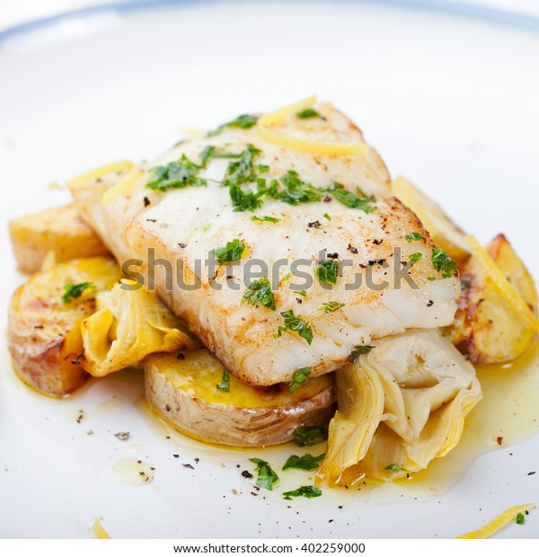 Roasted Cod Codfish Baked Potatoes Artichokes Stock Photo 402259000 ...