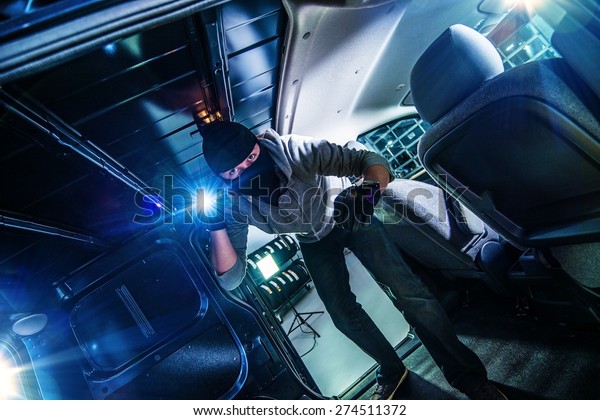 Robber Flashlight Inside Cargo Van Night Stock Photo 274511372 ...