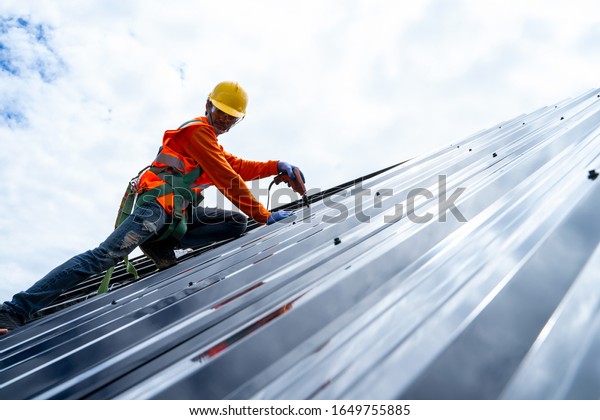 Roofer Worker Protective Uniform Installing Metal Stock Photo (Edit Now ...