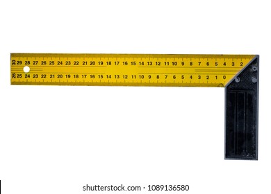 Used iron ruler with angle bar, set square. Isolated on white ...