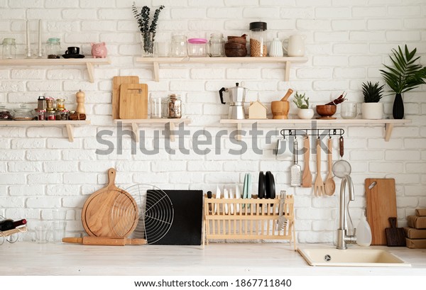 Rustic Kitchen Interior White Brick Wall Stock Photo 1867711840 ...