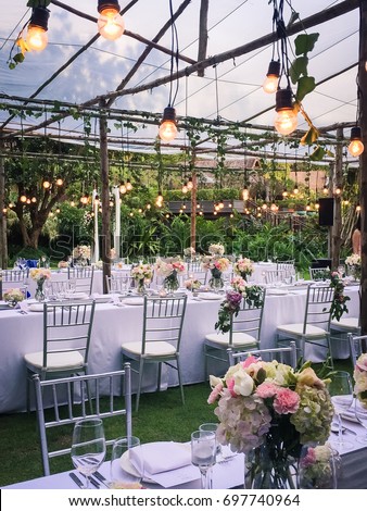 Rustic Outdoor Wedding Reception Table Arrangement Stock Photo (Edit ...