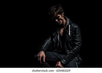 Sad Dramatic Biker Leather Jacket Sitting Stock Photo (Edit Now) 635481029