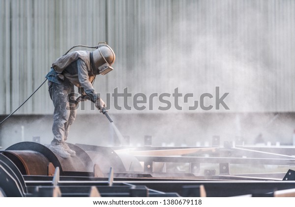 Sand Blasting Process Industial Worker Using Stock Photo (Edit Now ...