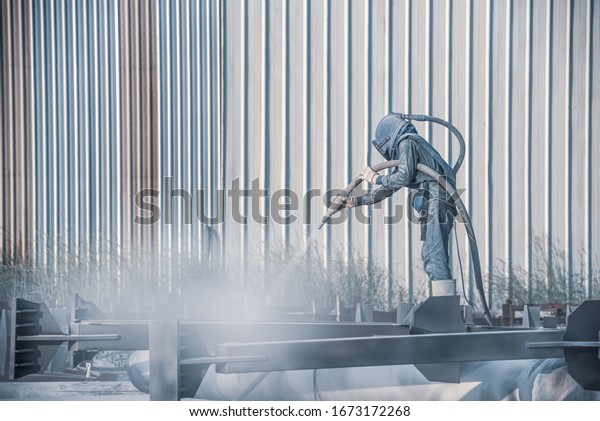 Sand Blasting Process Industial Worker Using Stock Photo 1673172268 ...