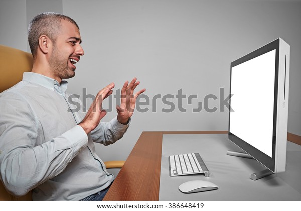 Scared Man Looks Computer Screen Stock Photo 386648419 | Shutterstock
