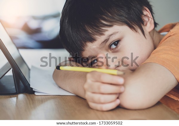 School Kid Self Isolation Using Tablet Stock Photo 1733059502 ...