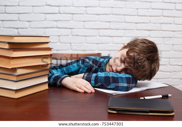 Schoolboy Falling Asleep While Studying Copybook Stock Photo (Edit Now ...