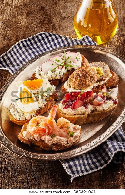Selection Canapes On Rustic Brown Dish Stock Photo (Edit Now) 585391061
