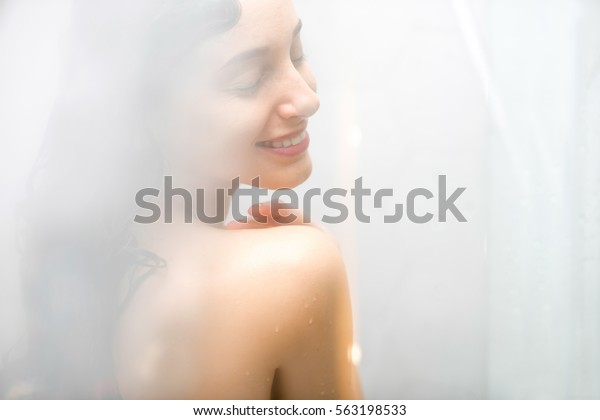 Sensual Portrait Of Young Woman Taking A Shower Body And Skin Hygiene