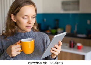 Joyful Lady Drinking Tea Using Tablet Stock Photo 1012534387 | Shutterstock