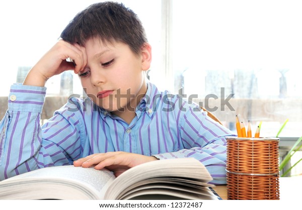 Serious School Boy Studying Book Stock Photo 12372487 | Shutterstock