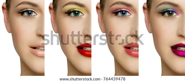 set, collage, different types of make-up and on one female face. Make ...