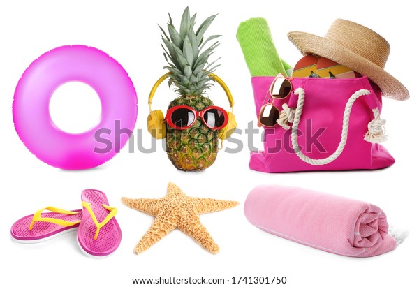 Set Different Stylish Beach Objects On Stock Photo 1741301750 ...