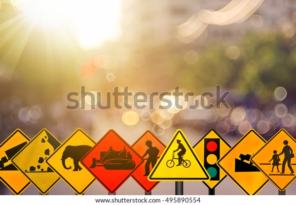 Set Traffic Warning Sign On Blur Stock Photo 495890554 | Shutterstock