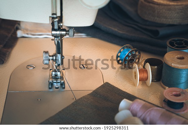 Sewing Machine Fabrics Thread Side View Stock Photo 1925298311 ...