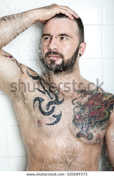 Sexy Man Tattoo On Shower Foto Stok 320689373 Shutterstock