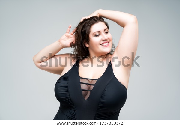 Sexy Plus Size Fashion Model In Black One Piece Swimsuit Fat Woman In