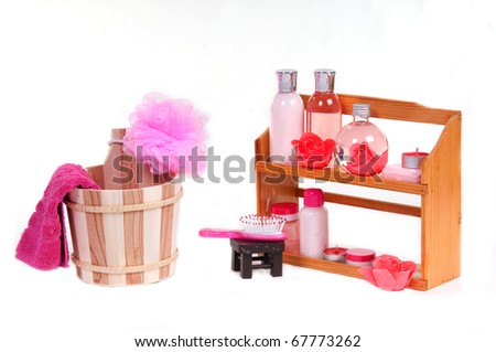 Shelf of Body Care Objects with a Sauna Bucket and a Image - cg6p7773262s