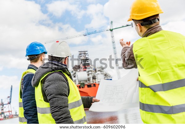 Shipbuilding Engineers Introducing New Solution Shipyard Stock Photo ...