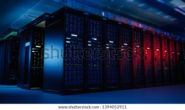 Shot of Data Center With Multiple Rows of Fully Operational Server ...