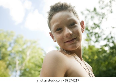 Side View Boy Smiling Camera Outdoors Stock Photo (Edit Now) 89574217 ...