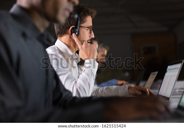 Side View Call Center Operator Talking Stock Photo 1621515424 ...